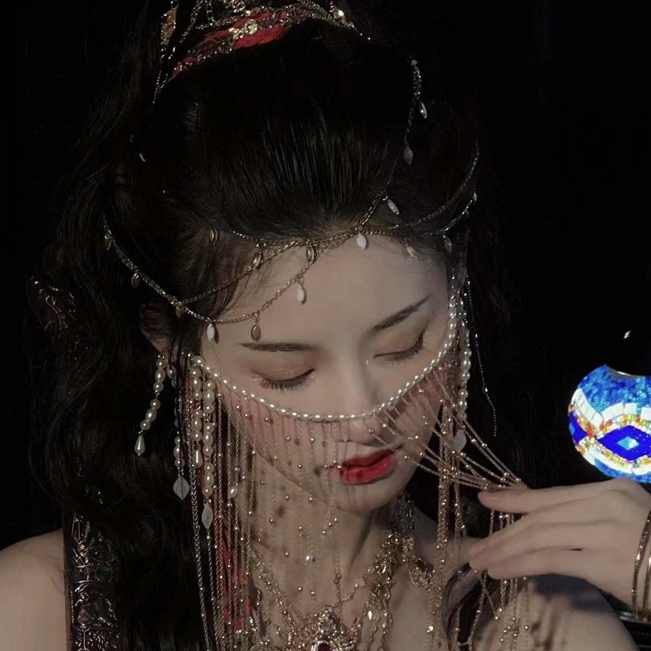 超仙高级感汉服面帘古风面纱流苏挂耳异域风情头饰遮面配饰头饰女-阿里巴巴