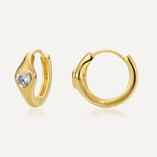 E0675 韩版简约时尚个性镶心形锆石耳环女黄铜镀金冷淡风精致耳饰-阿里巴巴