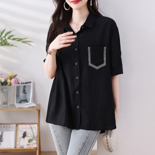 实拍L-5XL夏季黑色五分袖衬衫女时尚新款胖MM显瘦上衣-阿里巴巴