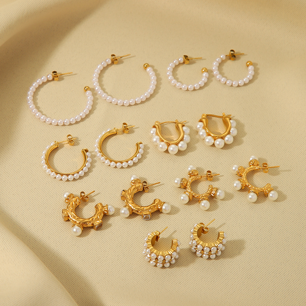 Fashion 7# Stainless Steel Pearl C-shaped Earrings :Asujewelry.com