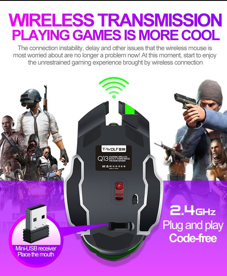 T-WOLF雷狼Q13充电静音无线鼠标双模游戏商务发光机械鼠typec跨境-阿里巴巴