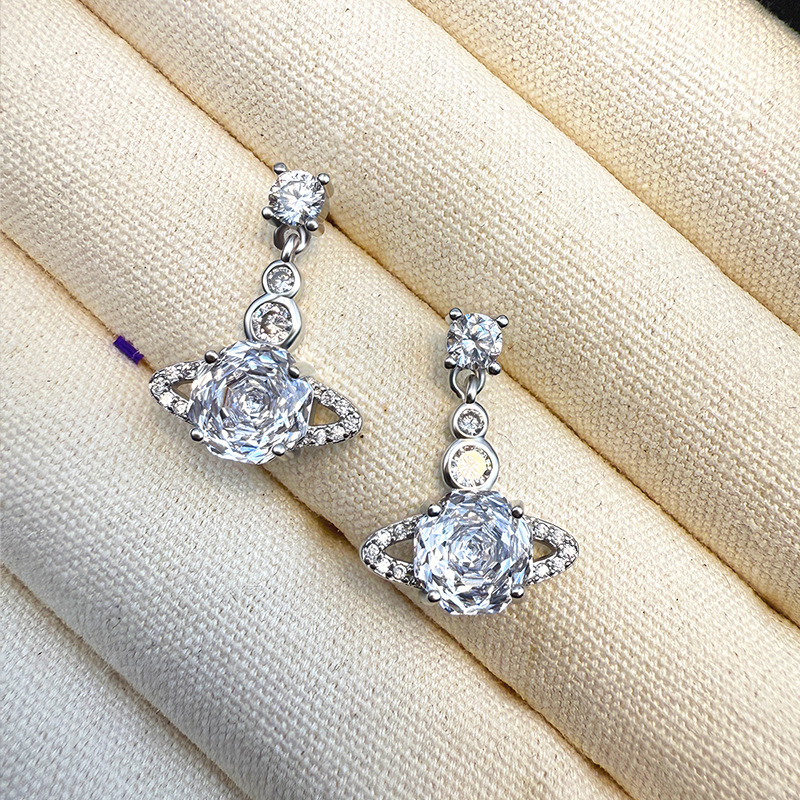 锆石土星耳钉S999银针2025新款洋气小众设计感小巧气质耳环批发-阿里巴巴