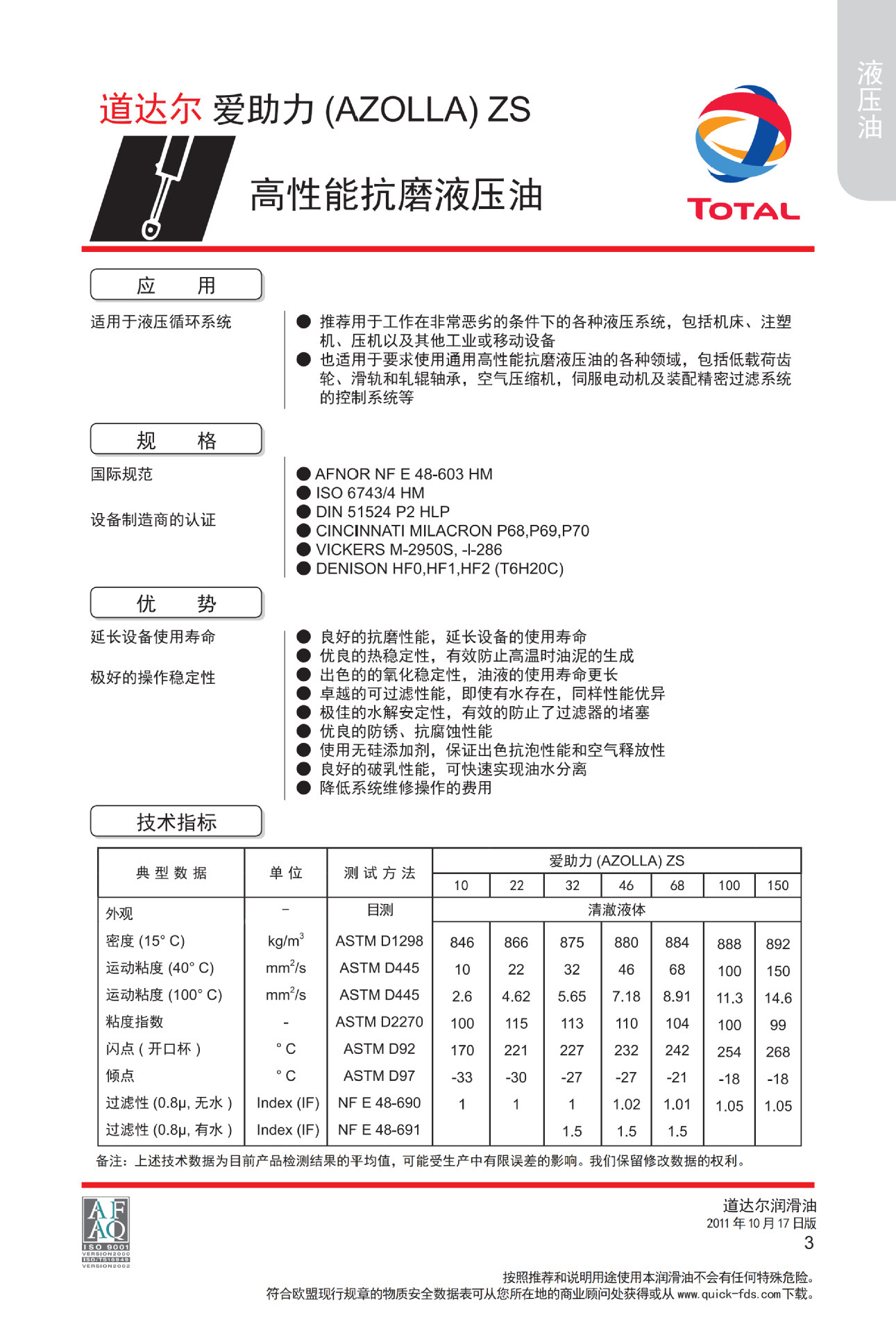 道达尔爱助力AZOLLA ZS10,15,22,zs32,zs46,68,100 抗磨液压油-阿里巴巴