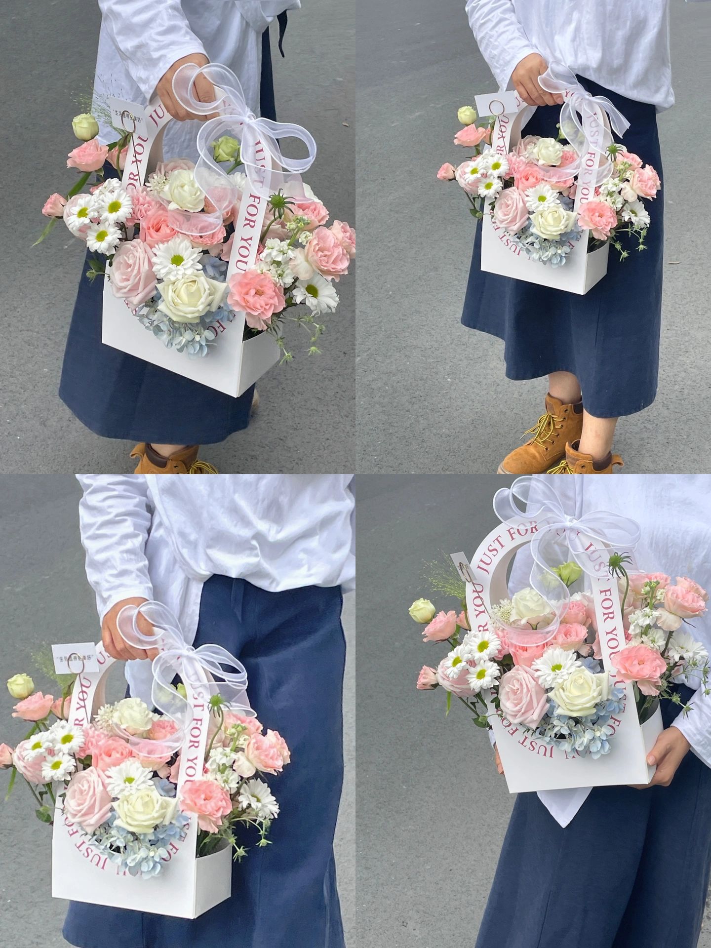 手提花盒纸质简约镂空手拎花篮折叠英文插花袋花艺鲜花包装盒diy-阿里巴巴