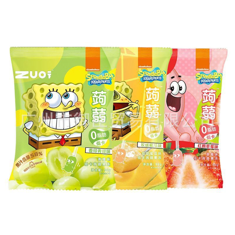 zuo一下果冻海绵宝宝联名蒟蒻食品可吸青提草莓味果汁果冻96g-阿里巴巴