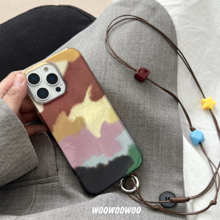 WOOWOOWOO小众ins彩色拼接撞色双层适用iphone16手机壳挂脖挂绳苹-阿里巴巴