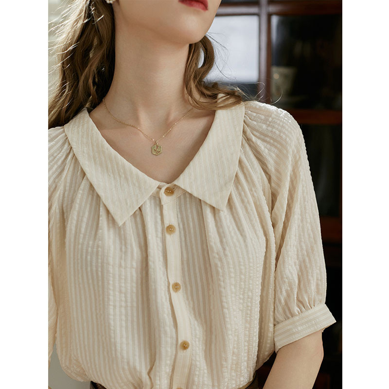 法式复古肌理感短袖衬衣女夏季气质泡泡袖衬衫设计感小众别致上衣-阿里巴巴