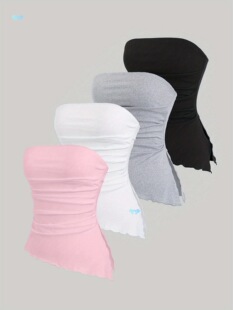 Women's 4pcs Solid Color Tube Top Set Sexy Off Shoulder跨境-阿里巴巴