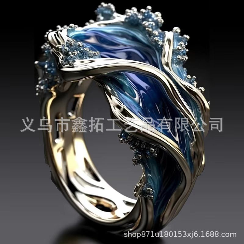 跨境独立站亚马逊 Wave Ring 海浪树脂戒指时尚饰品配件波浪戒指-阿里巴巴
