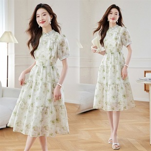 A字裙蛋糕裙中裙2024夏装新款新中式立领盘扣连衣裙层叠HZ0112-阿里巴巴