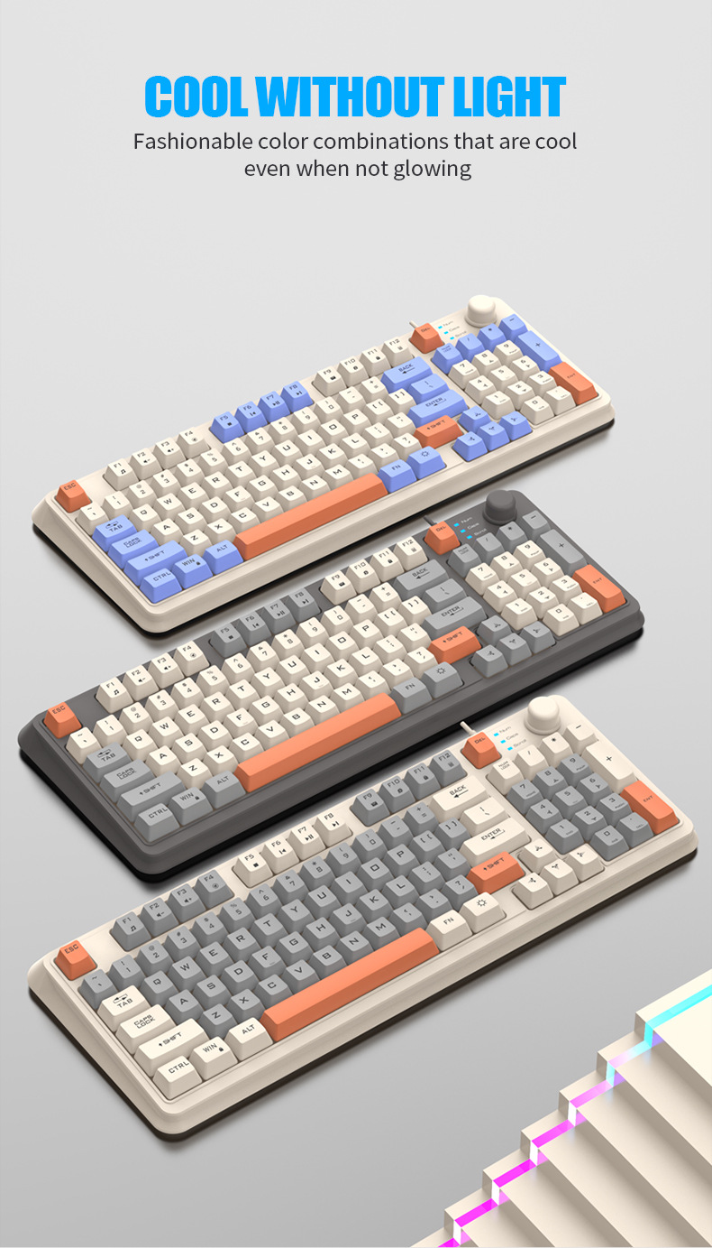 炫银狐K82有线薄膜旋钮键盘三拼色发光机械手感台式电脑办公游戏-阿里巴巴