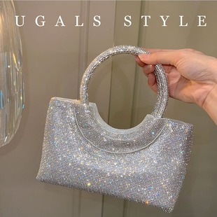 UGALS法式银色圆环闪亮不灵水钻菜篮子小方包宴会钻石手拿斜挎包-阿里巴巴