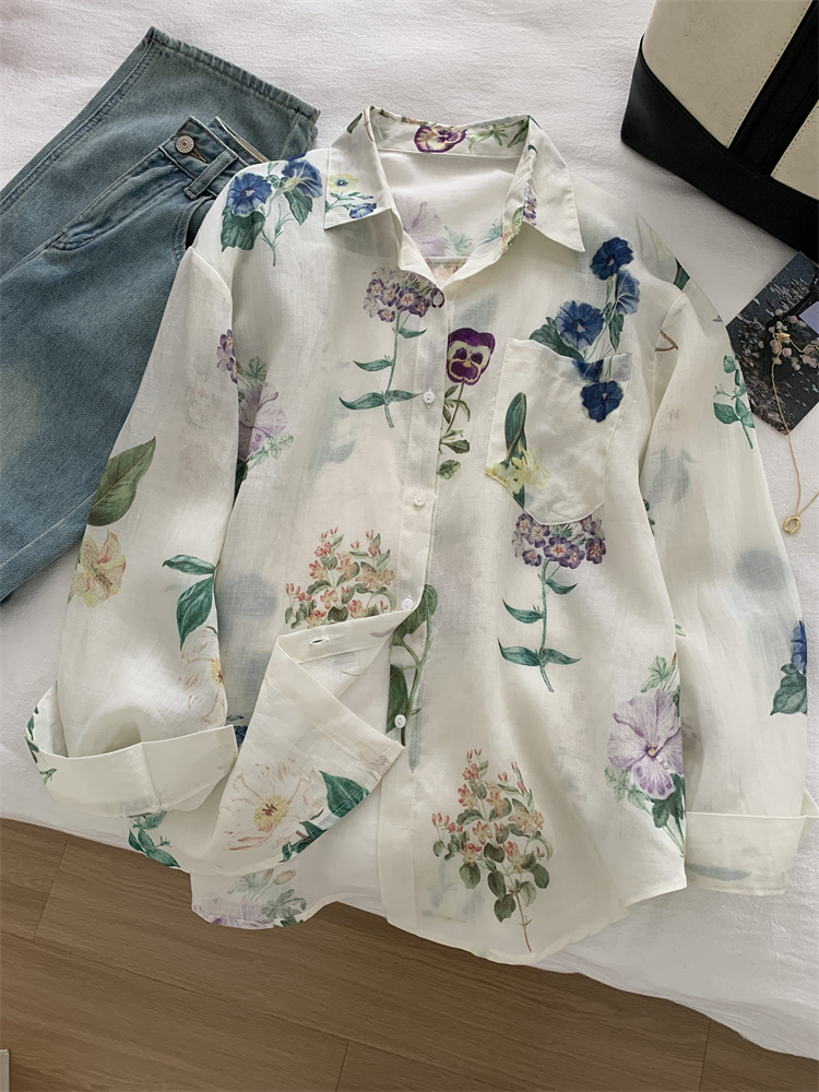 设计感港味复古花衬衫女2024夏季薄款热带度假风亚麻天丝防晒衬衣-阿里巴巴