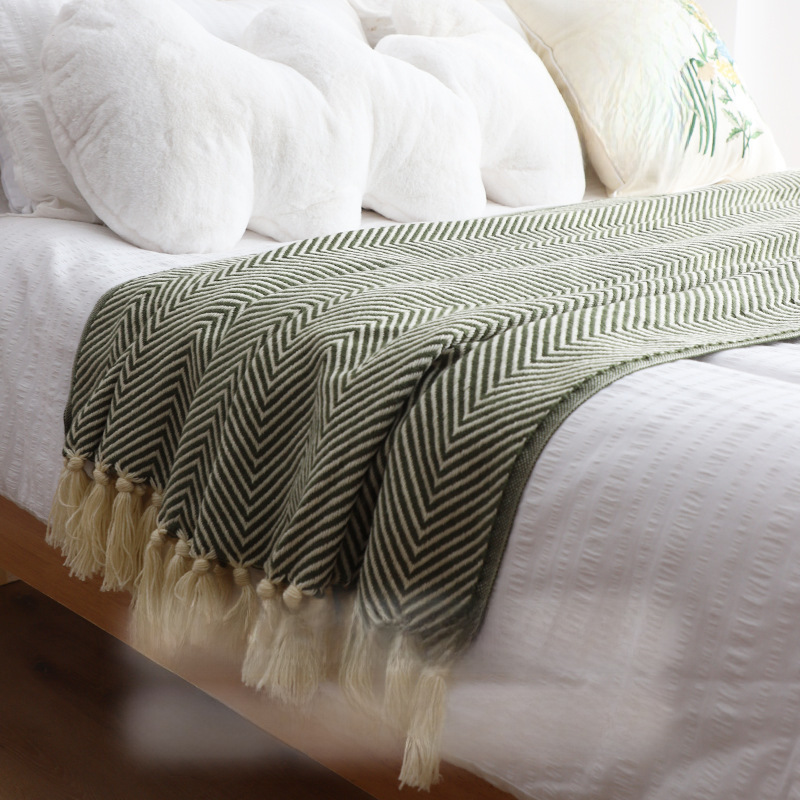Classic American Retro Green Herringbone Pattern Woven Blanket Hotel Homestay Bed End Towel Bed ...
