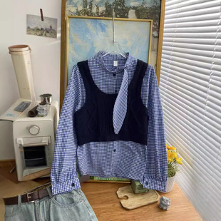韩风蓝色格子领巾衬衫套装女早秋设计感衬衣配针织背心两件套4853-阿里巴巴