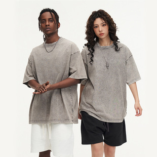 2024新款280g重磅短袖T恤男圆领宽松oversize蜡染做旧ins潮牌上衣-阿里巴巴