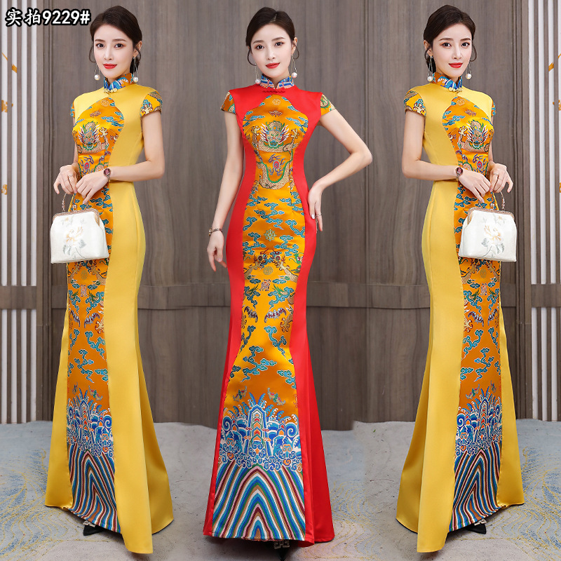 Long Chinese dresses dragon pattern evening dress annual meeting host ...