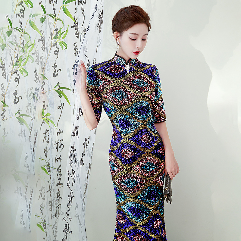 Colorful Sequins cheongsam ChineseDresses Oriental Qipao high-end ...