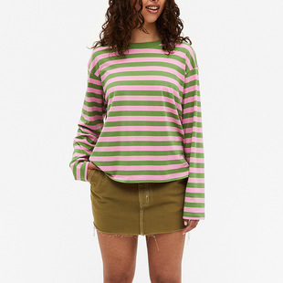 S32257跨境欧美居家休闲印花条纹花纹圆领潮流长袖套头拼色T恤女-阿里巴巴
