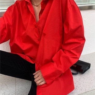 衬肤色港风美人红色衬衫女 2024春季新款宽松显瘦慵懒风衬衣外套-阿里巴巴