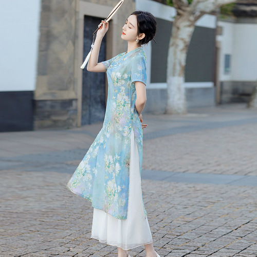 Women blue purple floral Chinese dress Oriental Retro Qipao Cheongsam ...