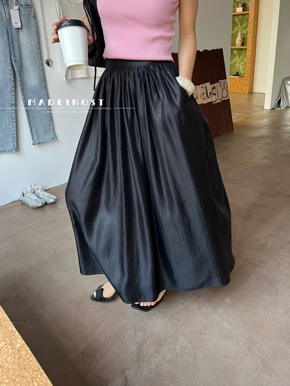 MADEINOST 春季上新休闲纯色百搭轻奢珠光小量感高腰半身裙 28037-阿里巴巴