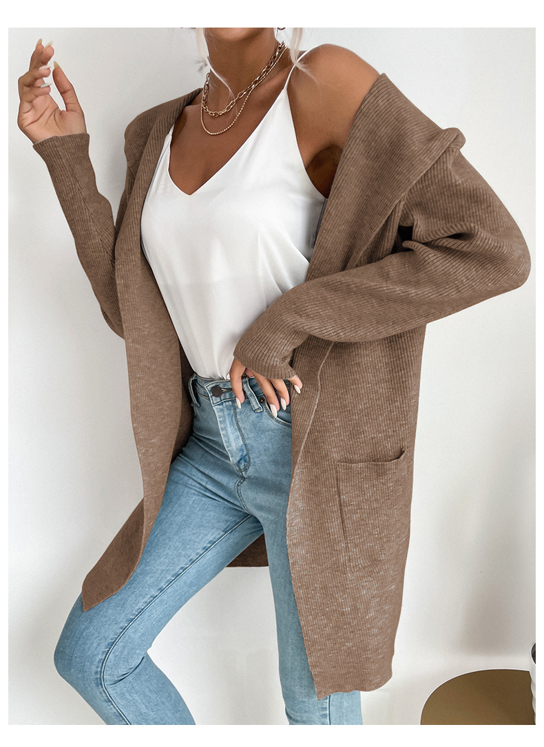 Women's Solid Color Hooded Knit Sweater Cardigan
