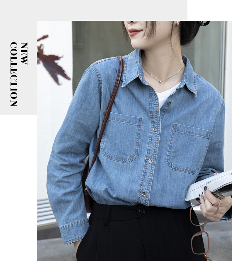 春装新款复古做旧修身软牛仔衬衫女秋冬内搭正肩叠穿港风休闲衬衣-阿里巴巴
