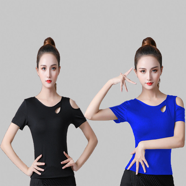 Black royal blue ballrom Latin dance tops shirts women girls short ...