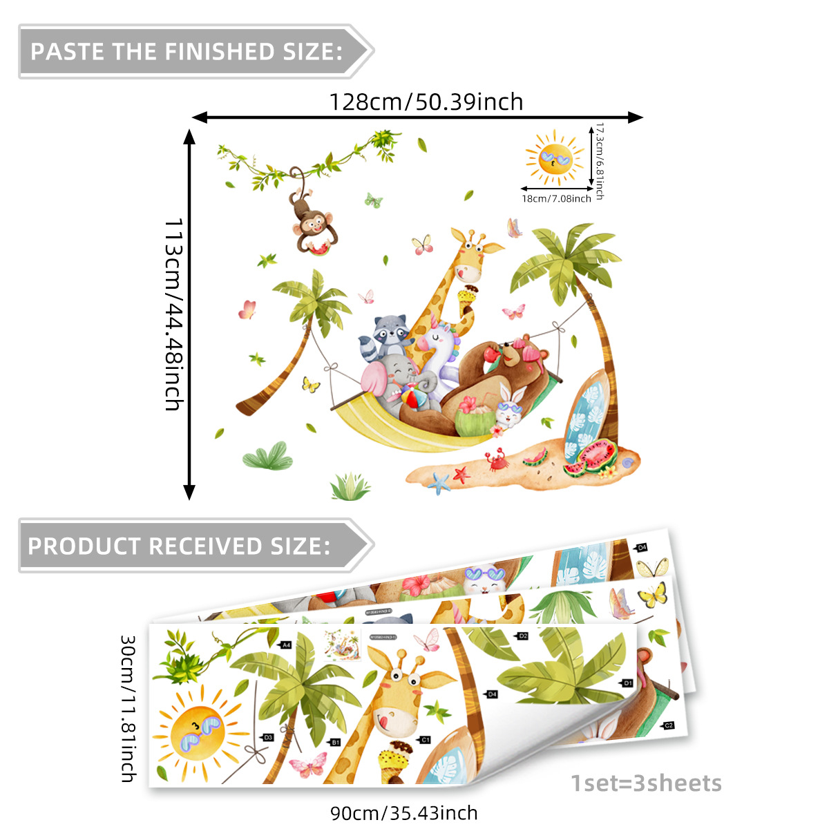M13592卡通夏日系列吊床动物椰子树背景装饰墙贴儿童房自粘墙贴-阿里巴巴