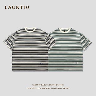 龙之日系休闲2023夏季260g重磅纯棉t恤ins彩色条纹圆领纯棉短袖男-阿里巴巴