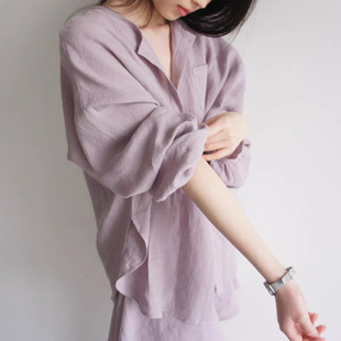 JOJOZ 灰调紫100%纯亚麻长袖衬衫半身裙裤2件套 松弛天然温柔高级-阿里巴巴