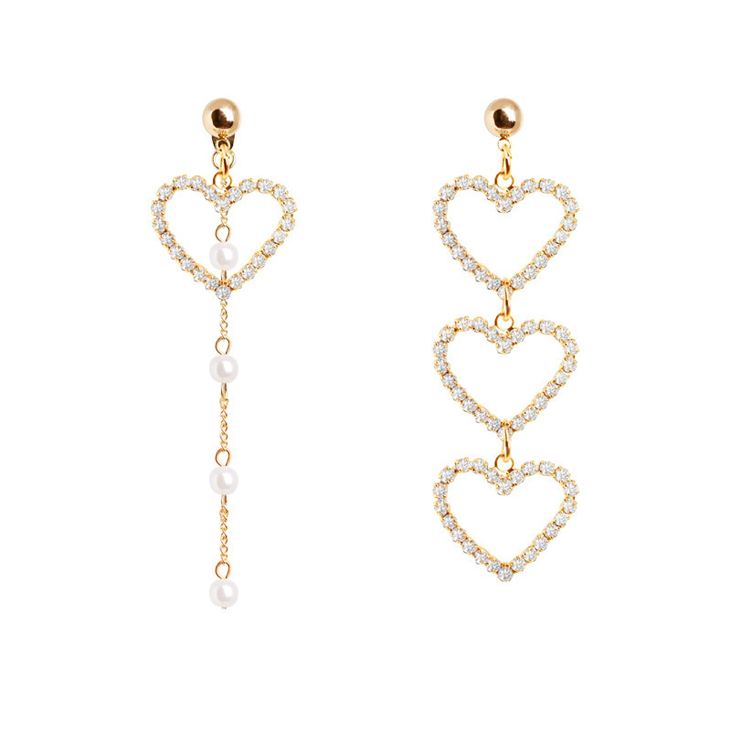 韩风chic少女爱心钻珍珠流苏不对称耳环可爱百搭桃心形耳夹耳饰-阿里巴巴