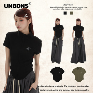 UNBDNS美式修身显瘦立领正肩短袖t恤女夏季辣妹百搭拉链瑜伽上衣-阿里巴巴