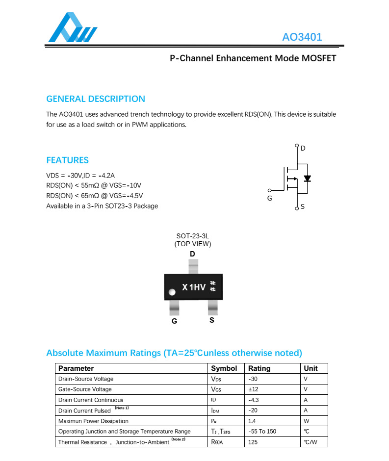 AO3401采用先进的沟槽技术提供出色的RDS，用作负载开关或PWM应用-阿里巴巴