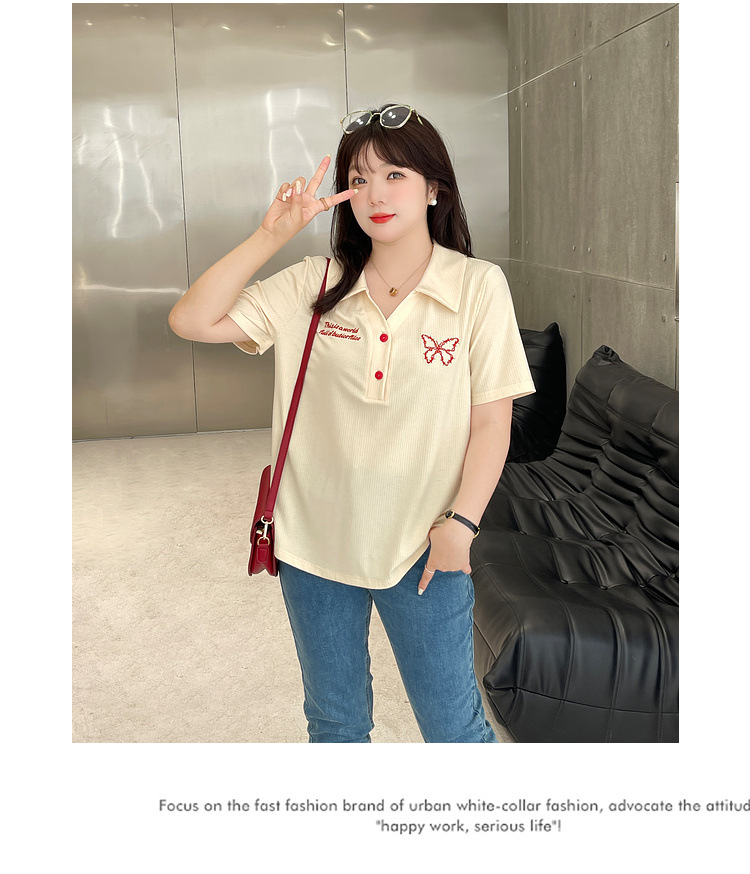 采多宝大码女装胖mm2023夏季新款洋气POLOV领刺绣T恤CXZ1037-阿里巴巴