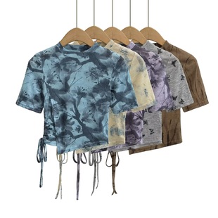 2024夏新款辣妹圆领修身不规则抽皱系带短袖上衣女晕染色短款T恤-阿里巴巴