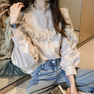 春季新款法式衬衫女复古灯笼袖甜美蕾丝花边圆领宽松显瘦衬衣-阿里巴巴