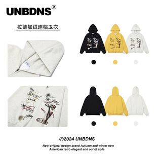 UNBDNS美式复古个性印花男女同款秋冬款休闲宽松拉链加绒卫衣外套-阿里巴巴
