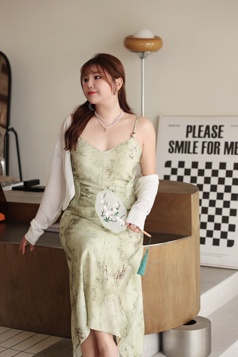 润其N8657翠竹禅意新中式V领串珠吊带裙批发 大码国风吊带连衣裙-阿里巴巴