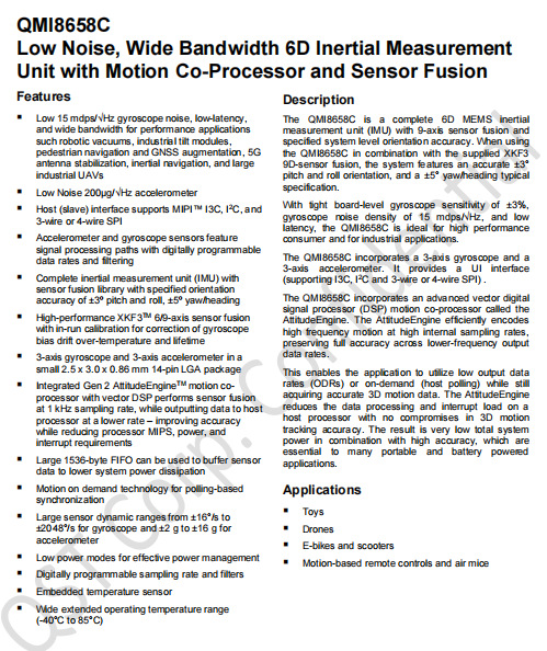 QMI8658低噪声 高带宽的六轴惯性测量单元(IMU）LGA14 陀螺仪-阿里巴巴