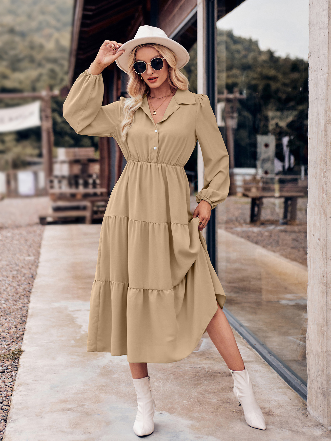 Fashion New Women's Solid Color Casual Waist Long Sleeve Maxi Dress