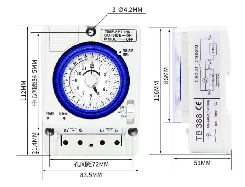 TB388机械式定时器 最小定时15分钟时间开关带电池可编程时控-阿里巴巴