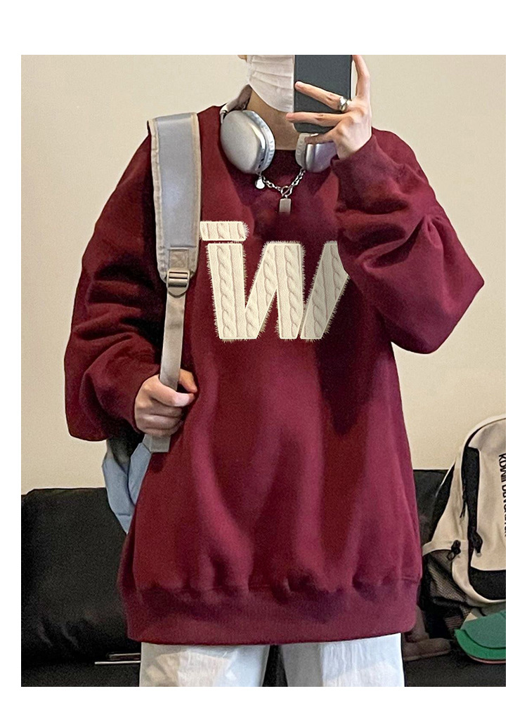 美式复古酒红色卫衣男生春秋冬重磅外套圆领长袖上衣潮牌潮色-阿里巴巴