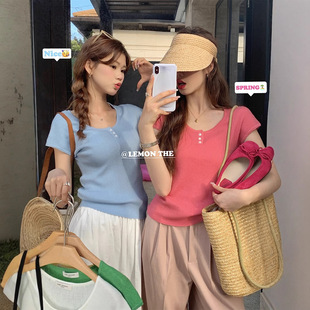 韩系春LENMO圆领E百搭TH显瘦柠檬纯色针织衫系毛衣绿茶短袖上衣棉-阿里巴巴