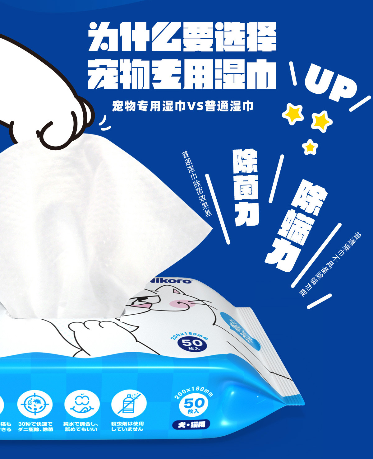 妮可露nikoro宠物专用猫咪狗狗免洗除螨除菌清洁湿巾80抽每包-阿里巴巴