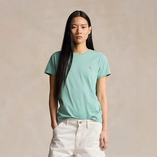 RL2025春夏新款女装棉质平纹针织圆领短袖T恤小马刺绣薄荷绿上衣-阿里巴巴