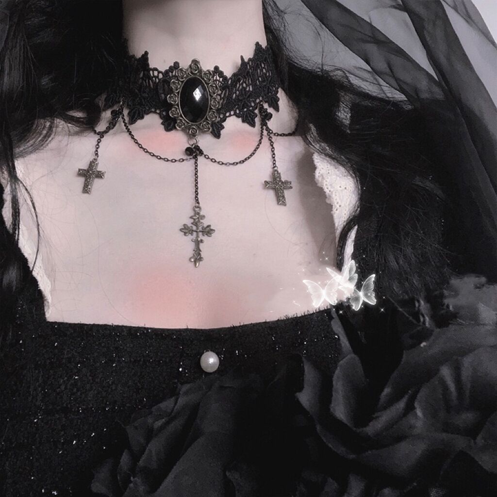 哥特风 暗黑洛丽塔蕾丝十字架朋克蹦迪锁骨链choker颈带项圈女-阿里巴巴