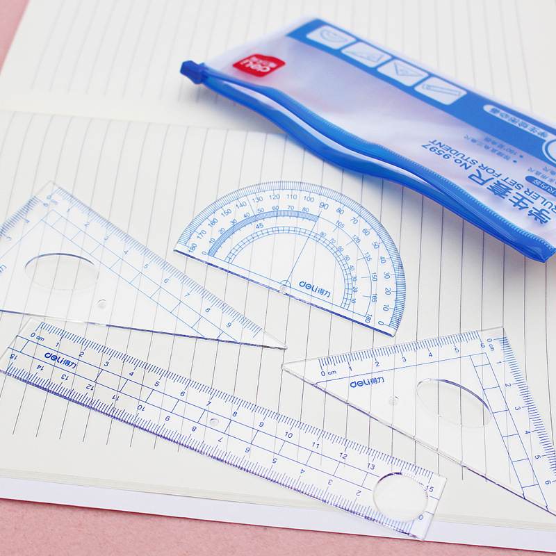 deli尺子套装得力文具9597学生套尺直尺+三角尺+量角器文具四件套-阿里巴巴