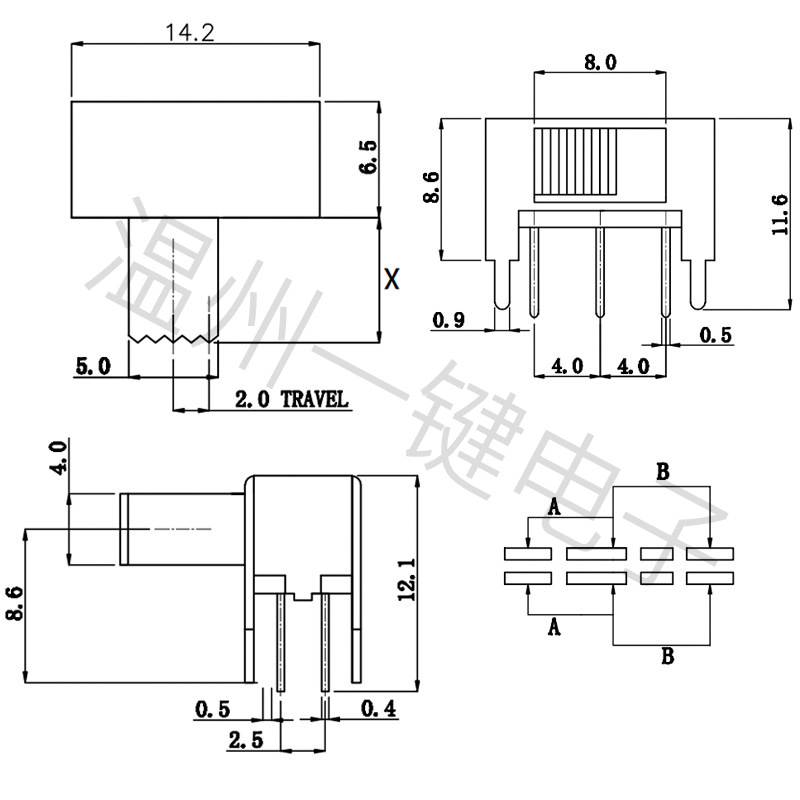 SK-22H04（2P2T）柄高可以定做 2档拨动开关 4只固定脚 6脚卧式-阿里巴巴
